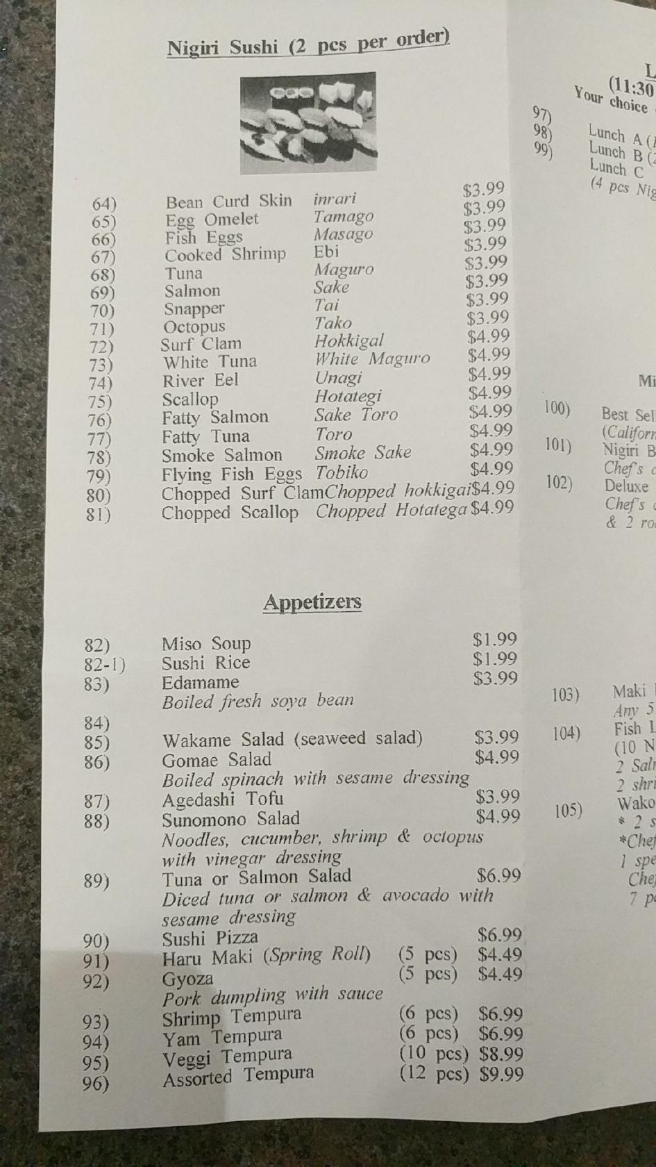 Menu at Wako Sushi Cafe, Winnipeg