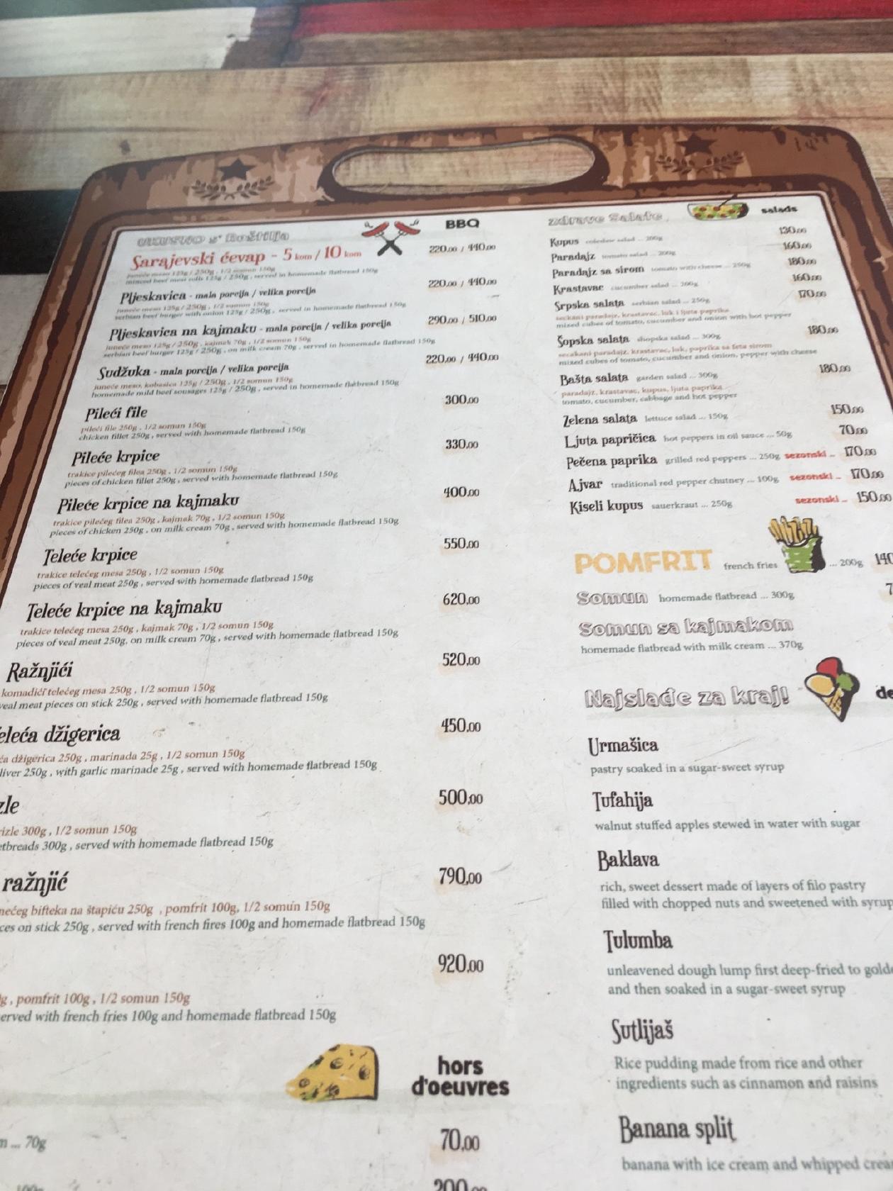 Carta del restaurante Walter Sarajevski Ćevap 27. Marta, Belgrado ...
