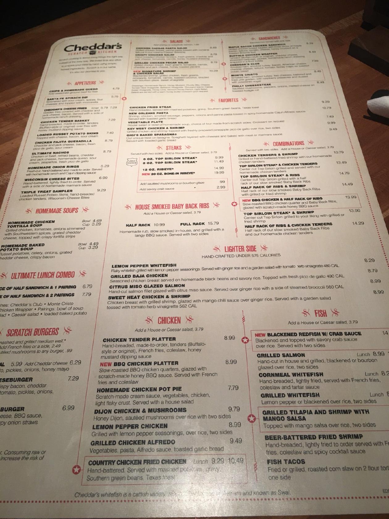 Menu at Cheddar's Scratch Kitchen restaurant, West Melbourne