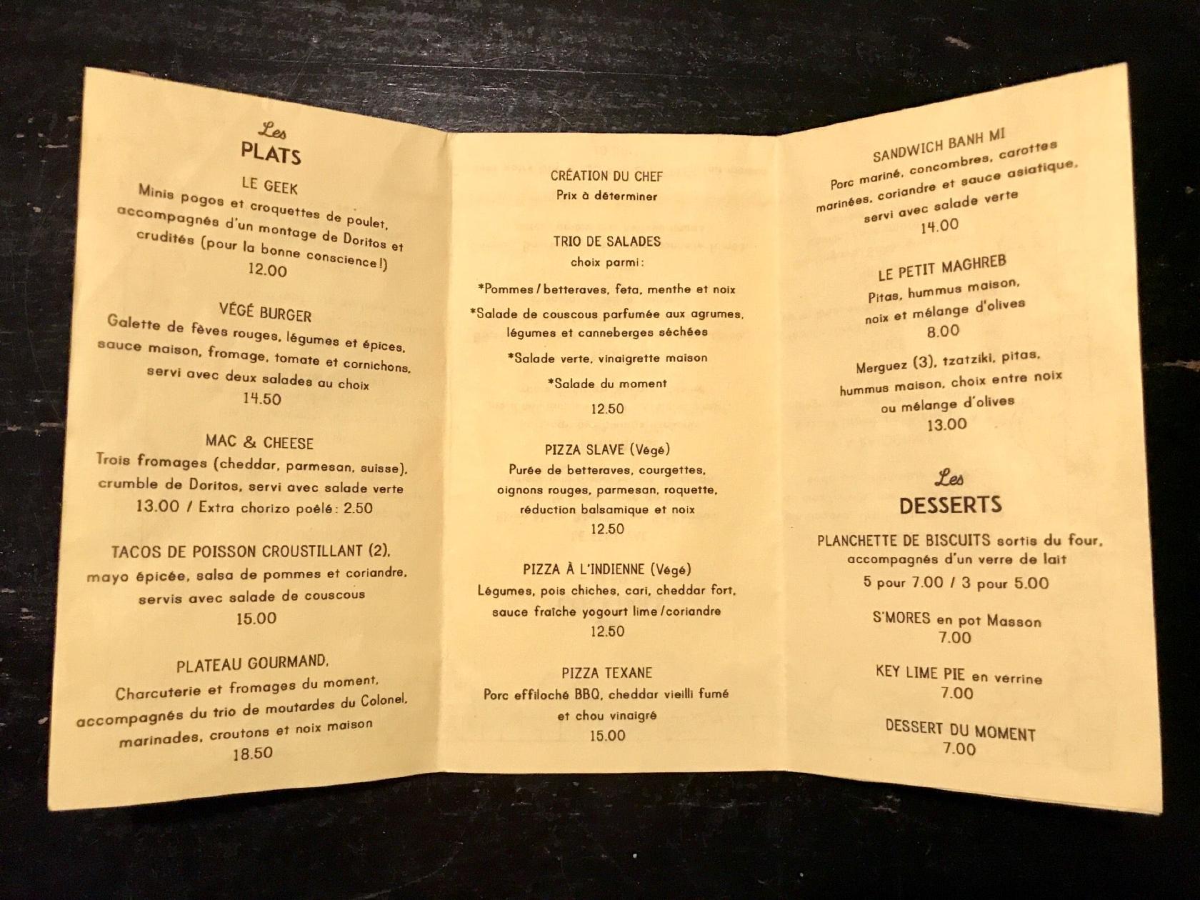 Menu at Le Colonel Moutarde restaurant, Montréal