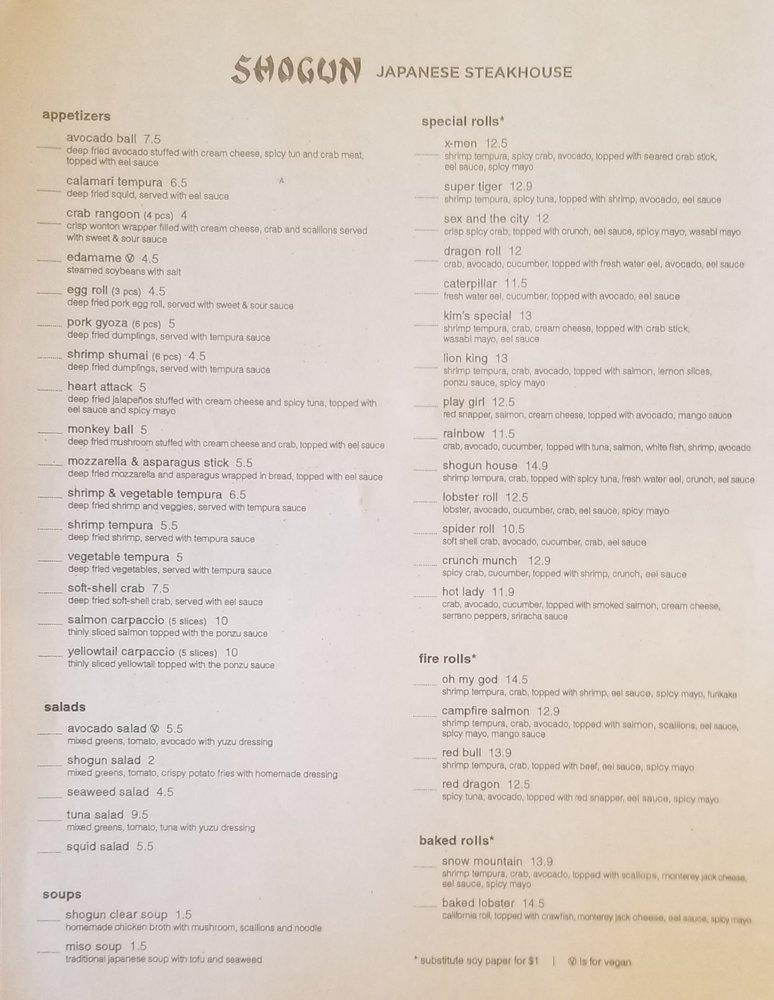 Menu at Shogun Japanese Steakhouse, Lincoln, S 9th St F
