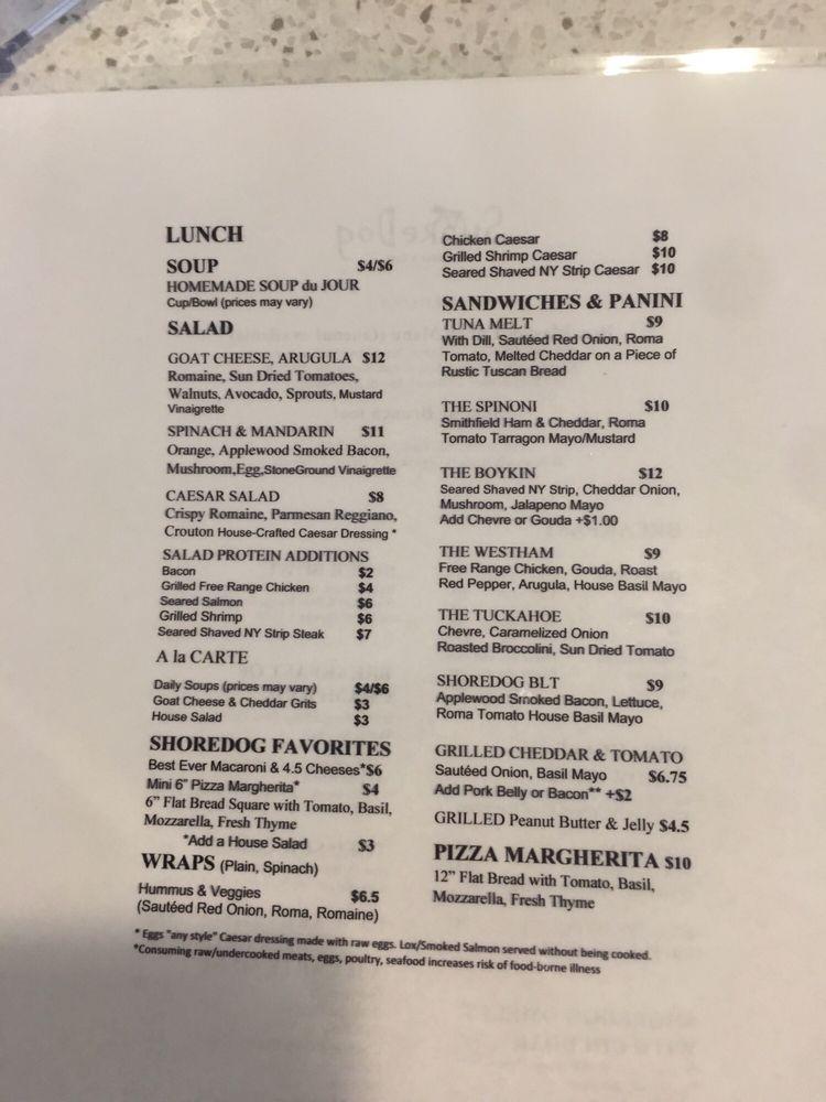Menu at ShoreDog Cafe, Richmond