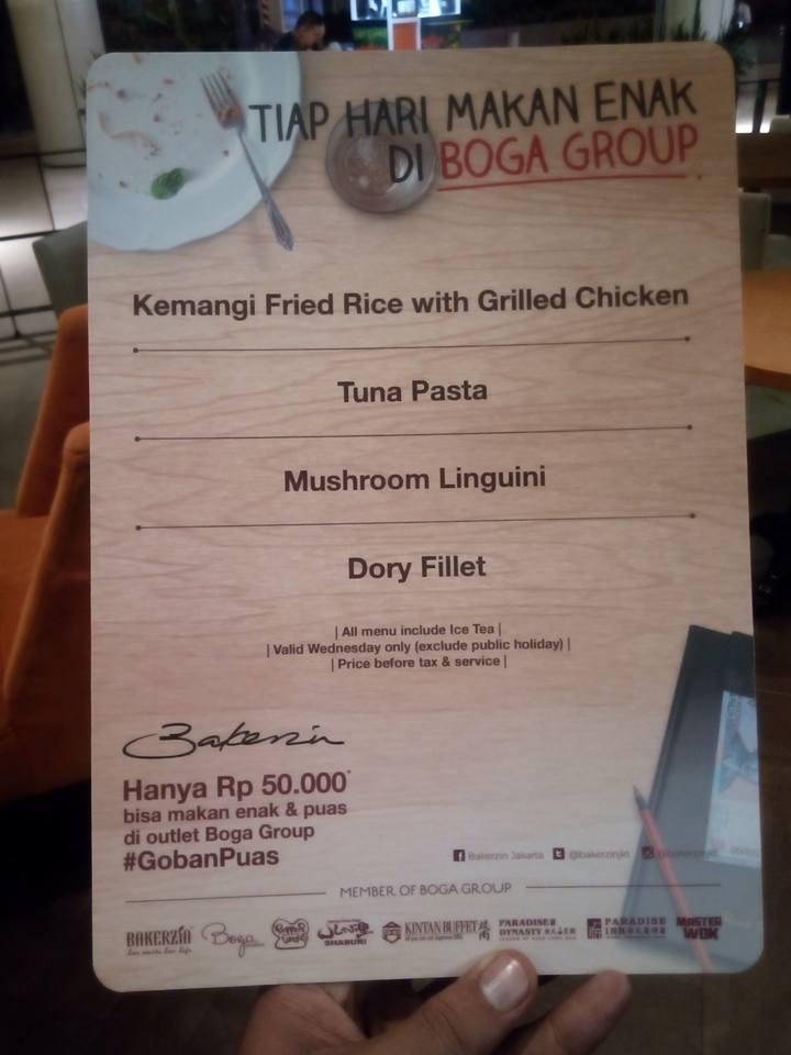 Menu at Bakerzin Central Park cafe, Jakarta, Central Park Mall