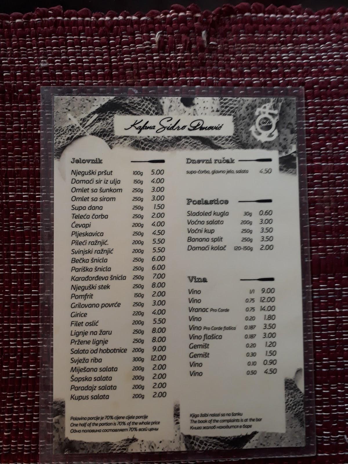 Menu at Kafana Sidro Djenovic restaurant, Bijela