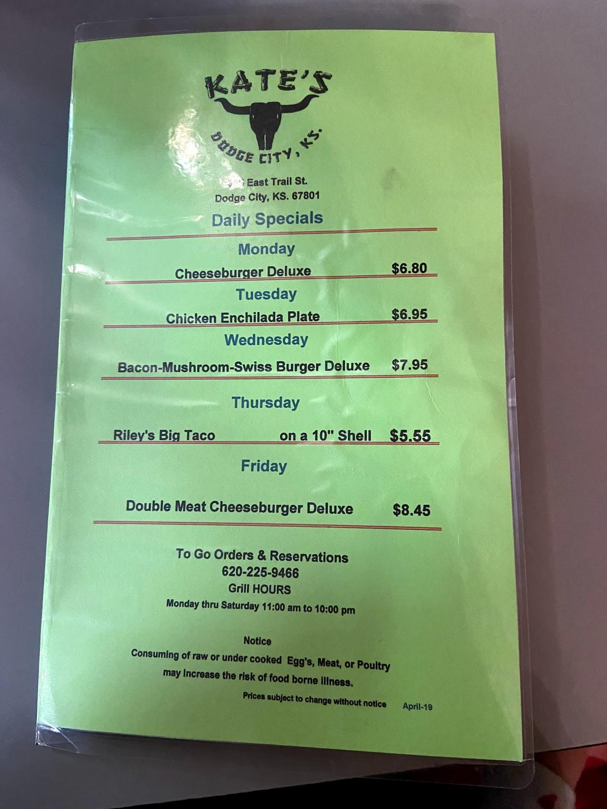 Carta del pub y bar Kate's, Dodge City
