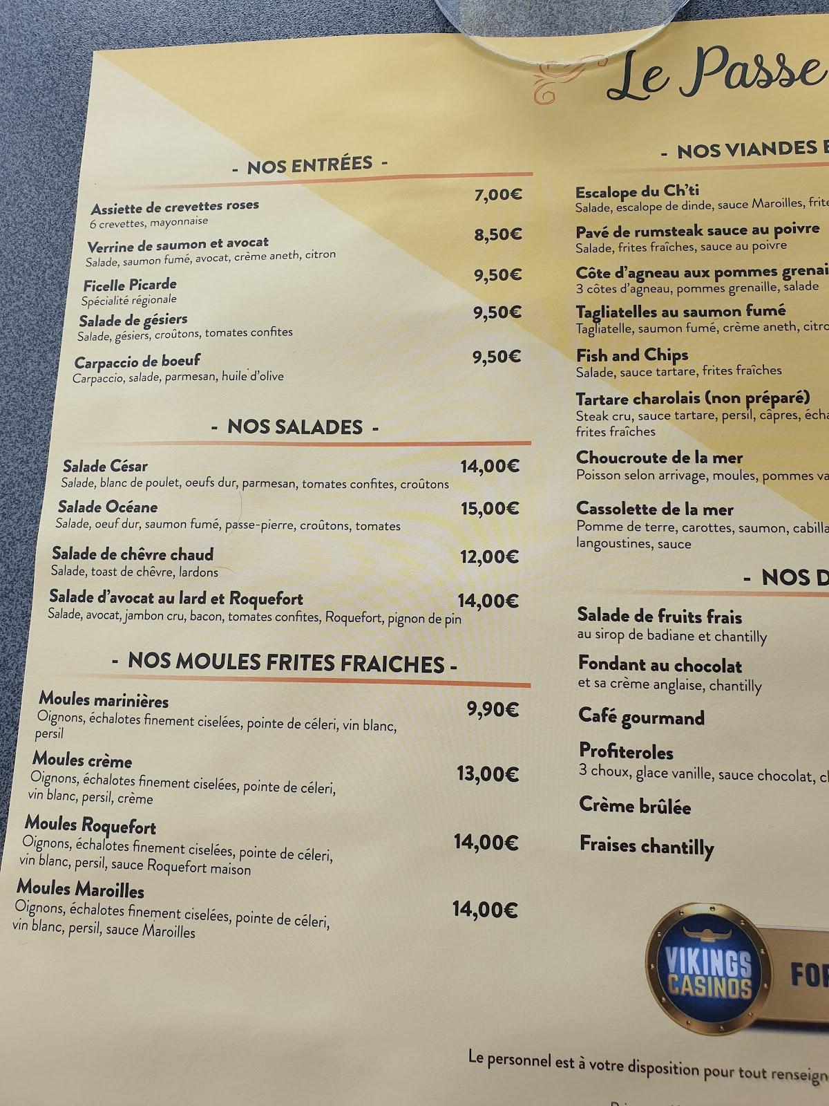 Menu at Le Passe Pierre restaurant, Fort-Mahon-Plage