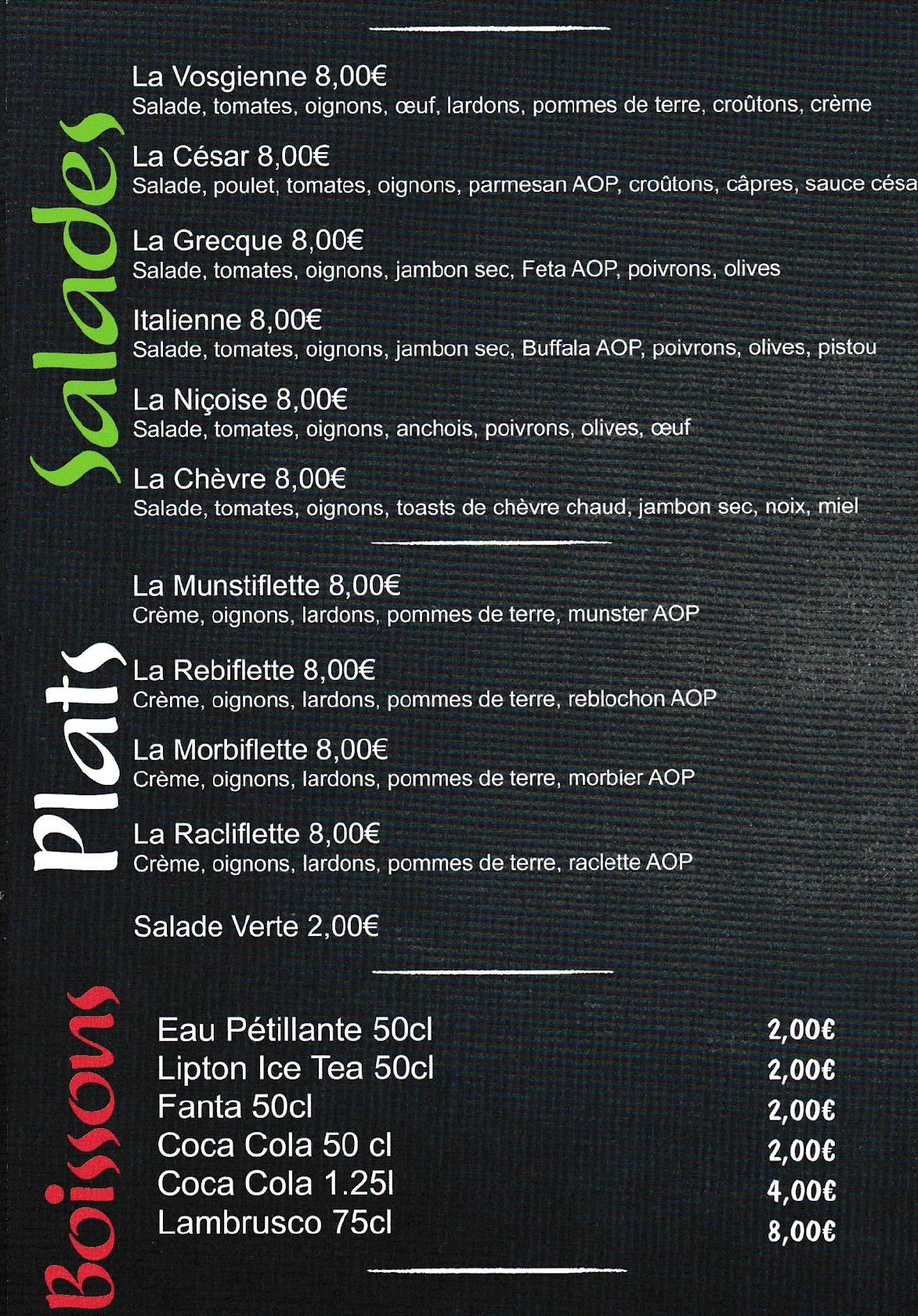 Menu au Le coin pizzas restaurant, Dompaire
