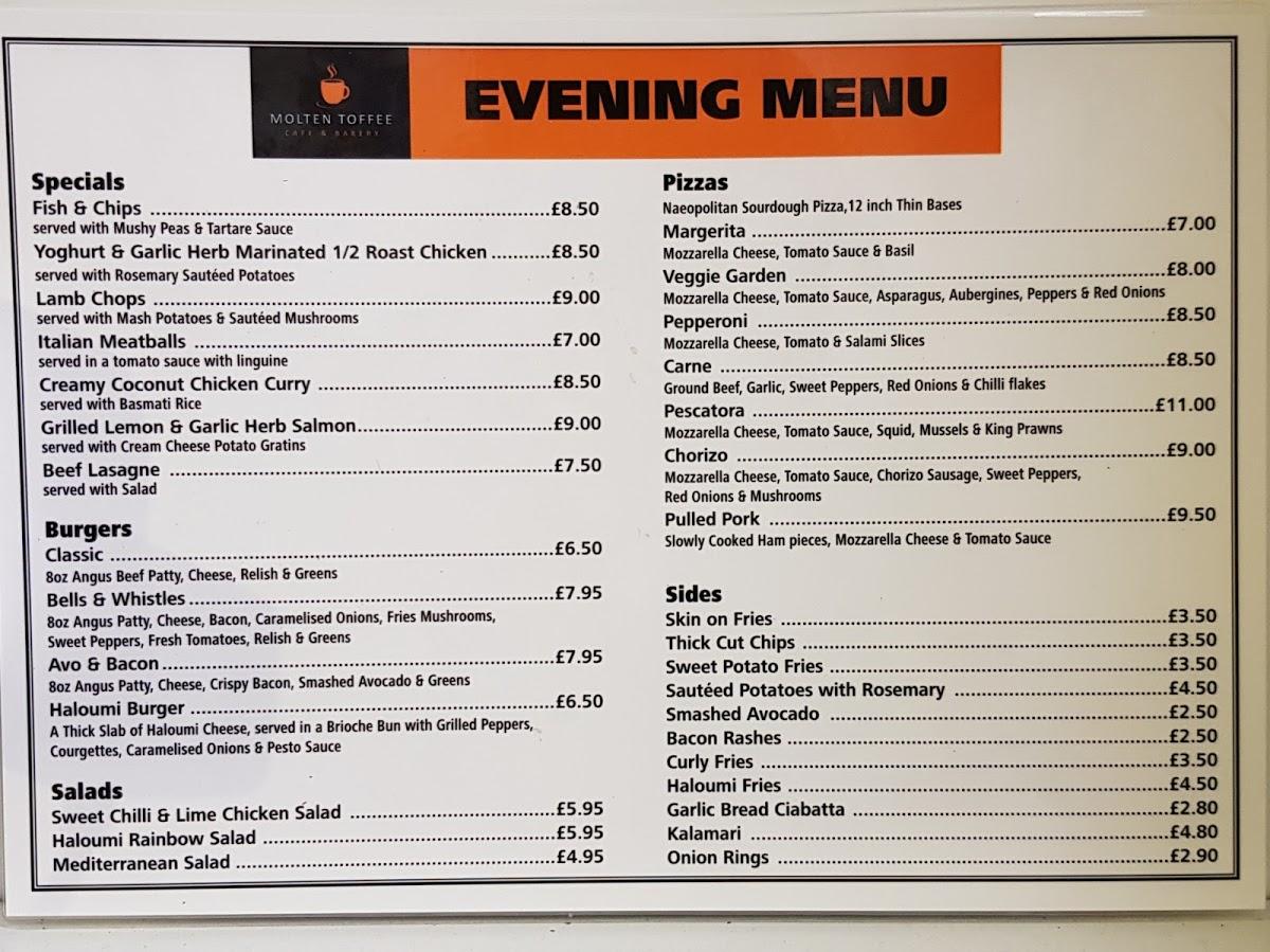 Menu at Molten Toffee cafe, London