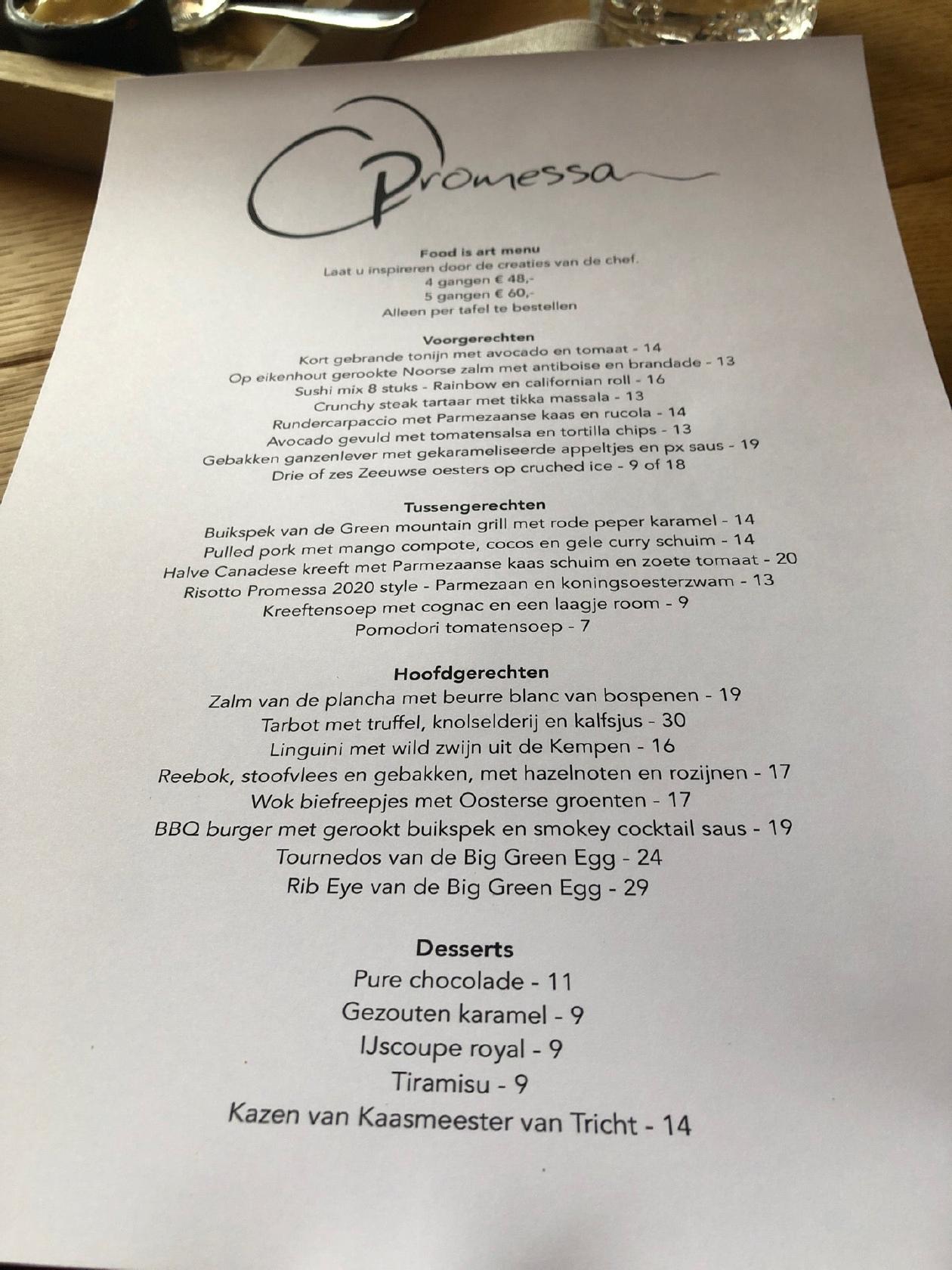 Menu at Restaurant Promessa - Gastronomisch food atelier, Eersel
