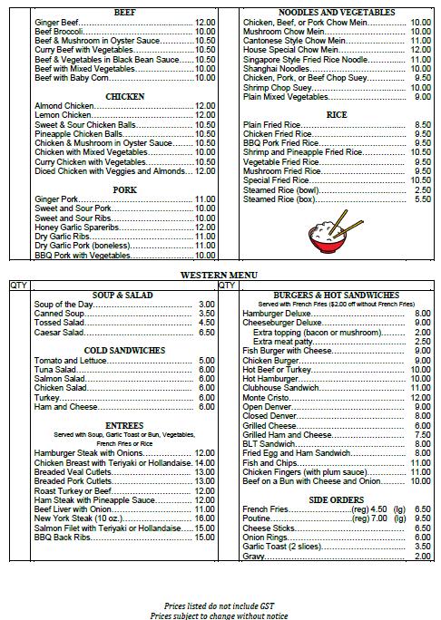 Menu at Sunflower Restaurant, Mannville
