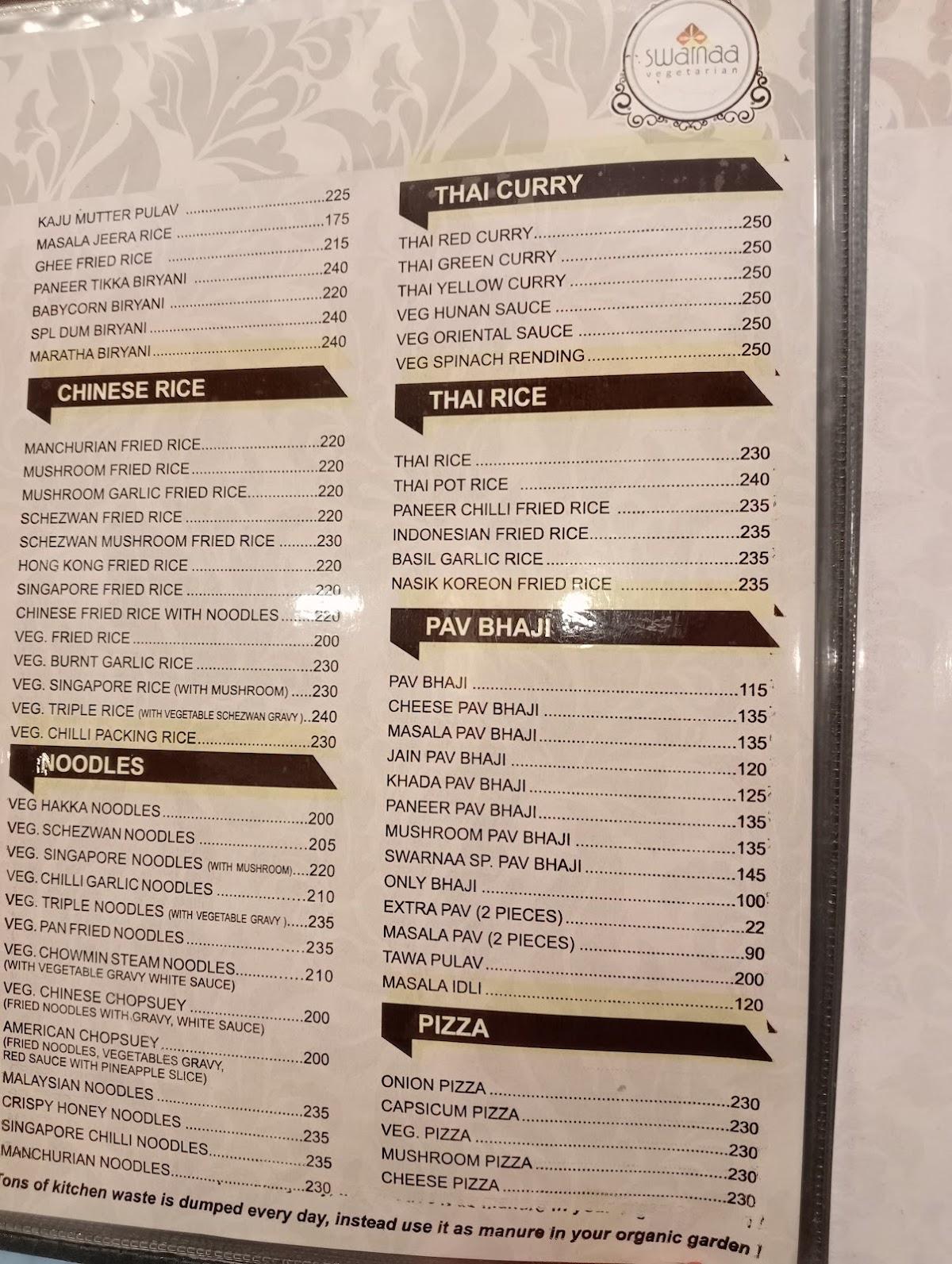 Menu at Swarnaa Vegetarian, Pune