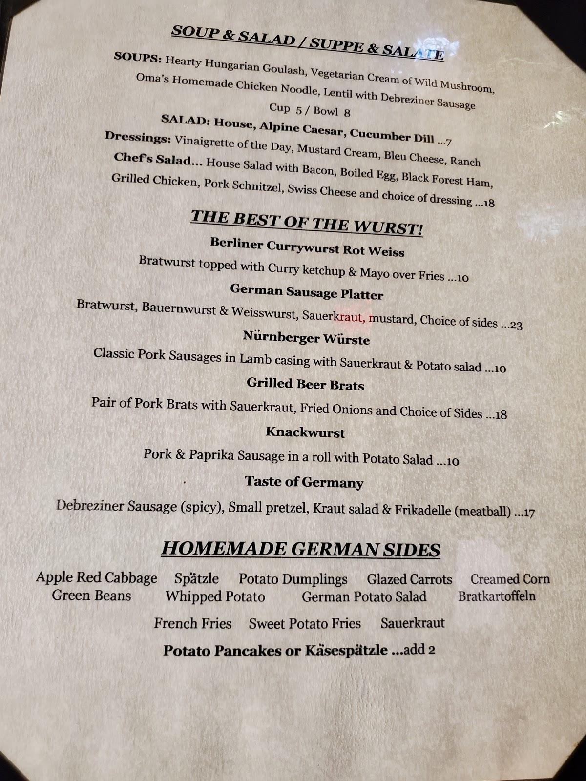 Menu at The Alpine Chef restaurant, Fredericksburg