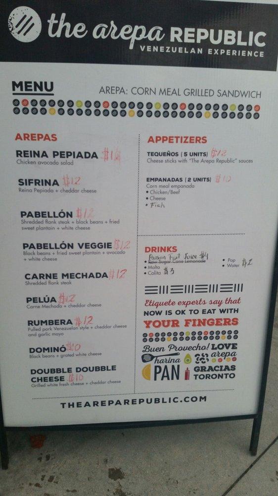 Menu at The Arepa Republic, Toronto, 76 Densley Ave