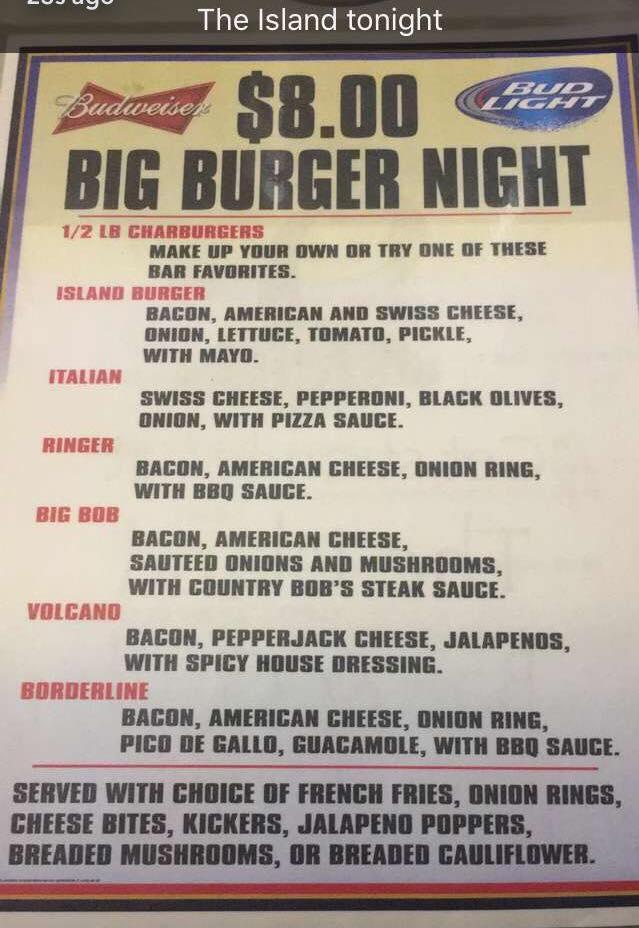 Menu at The Island Bar and Grill, Republican City, 1 Berrigan Rd