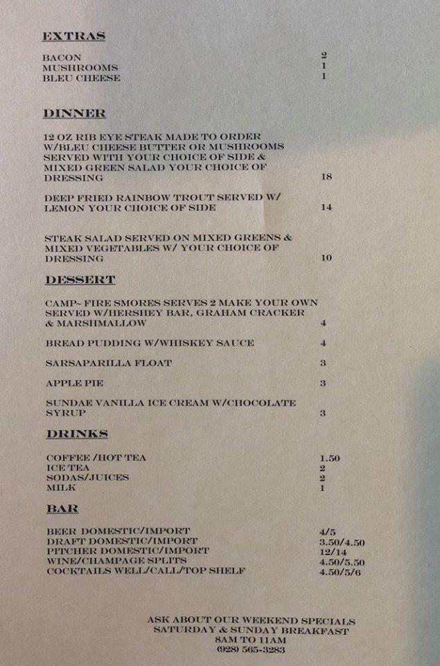 Menu at The Prospector pub & bar, Chloride