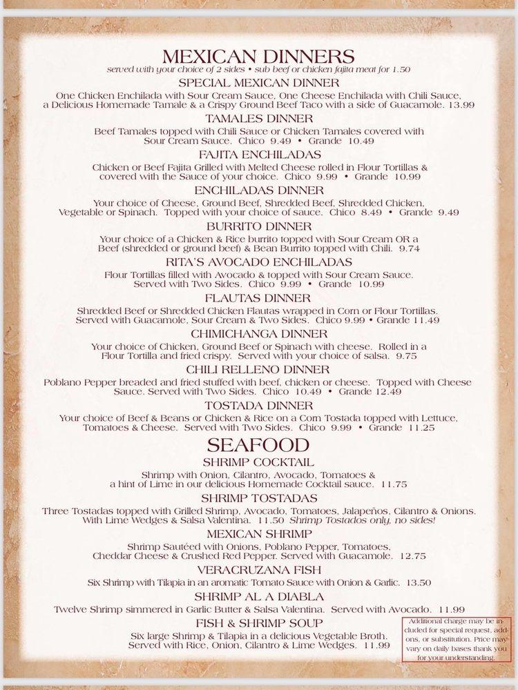 Menu at Toledo's Méxican Grill restaurant, Mustang
