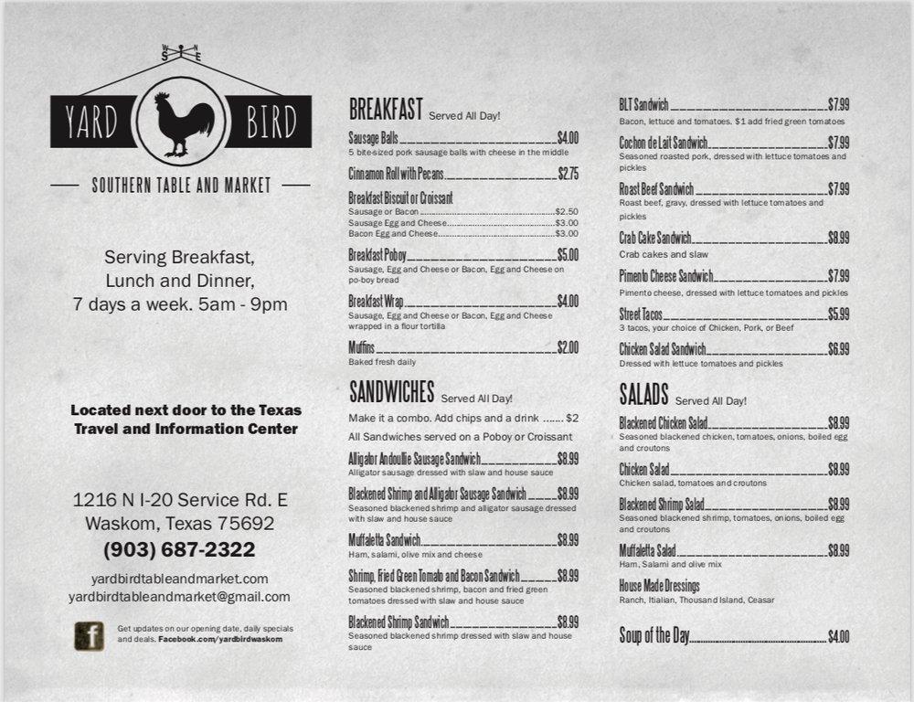 Menu at Yard Bird LLC restaurant, Waskom, I-20