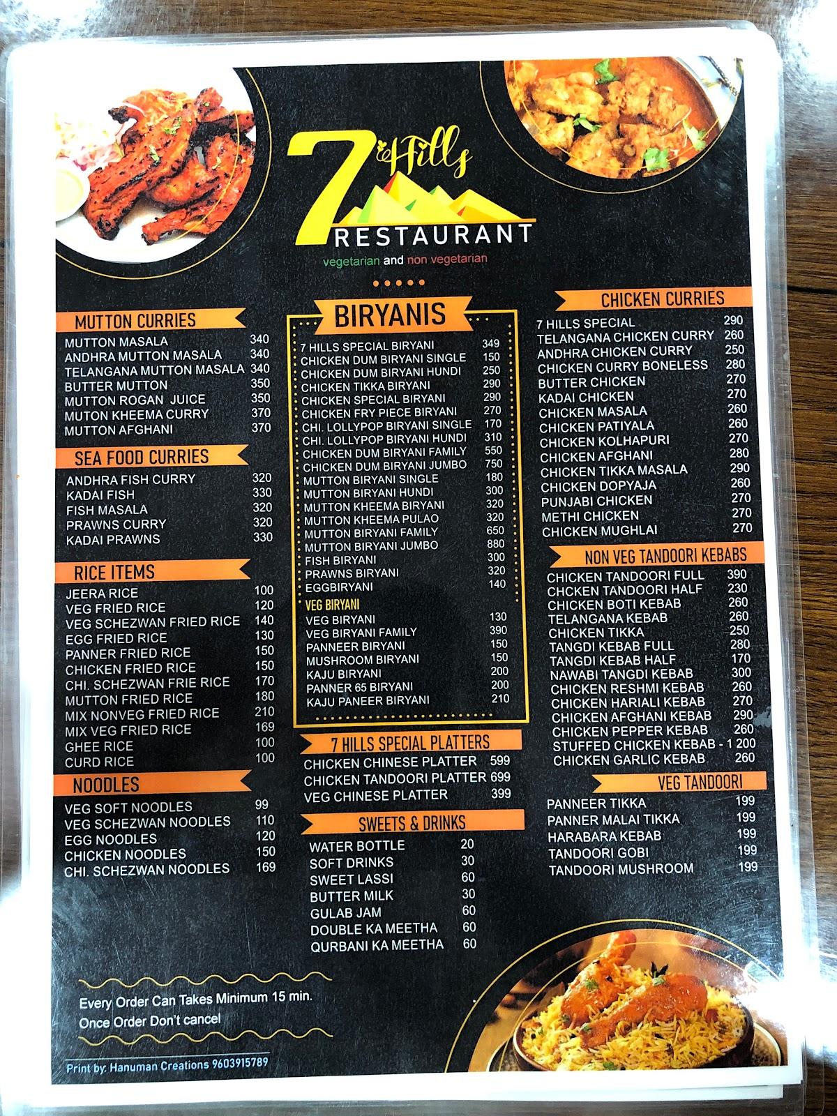 Menu at 7 HILLS RESTAURANT, Gowraram