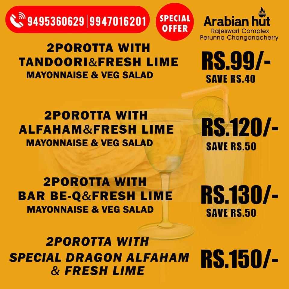 Menu at Arabian Hut, Changanassery
