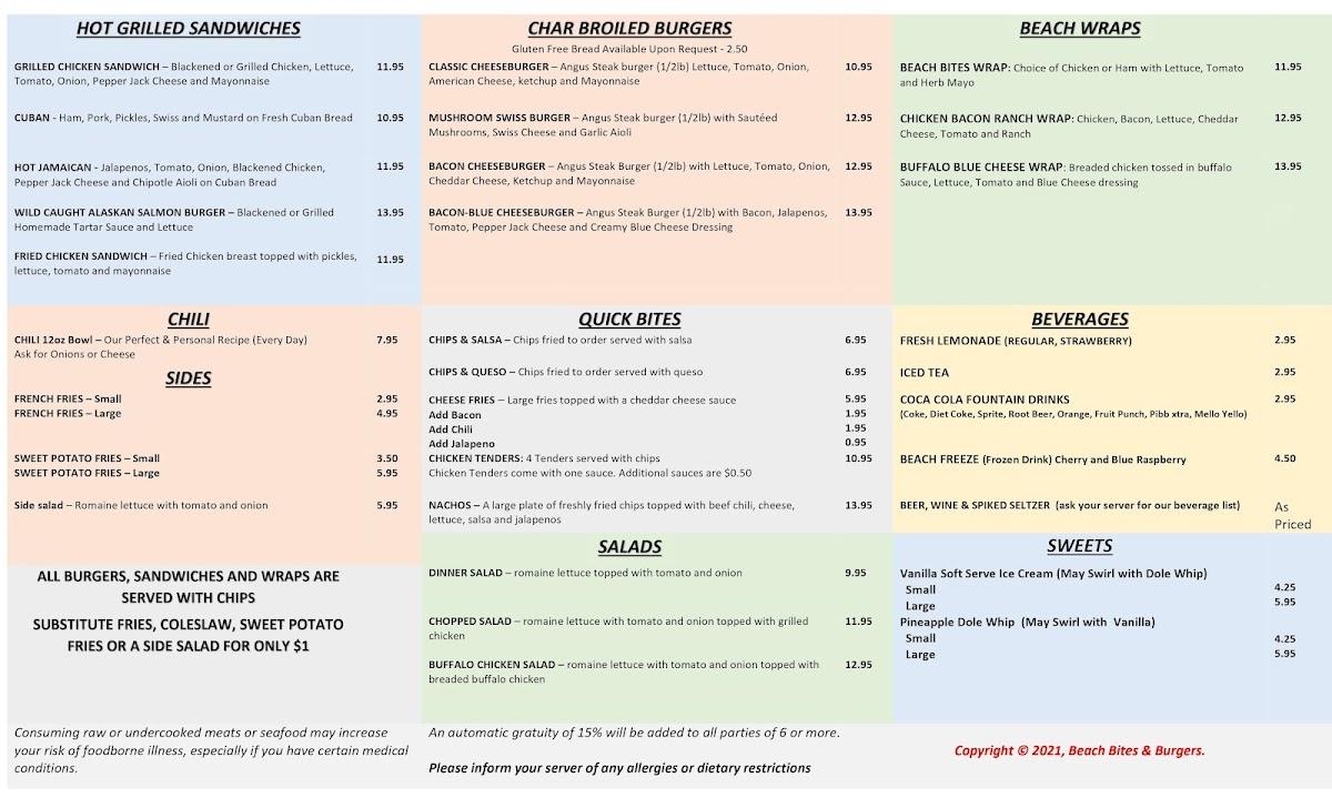 Menu at Beach Bites & Burgers cafe, Madeira Beach