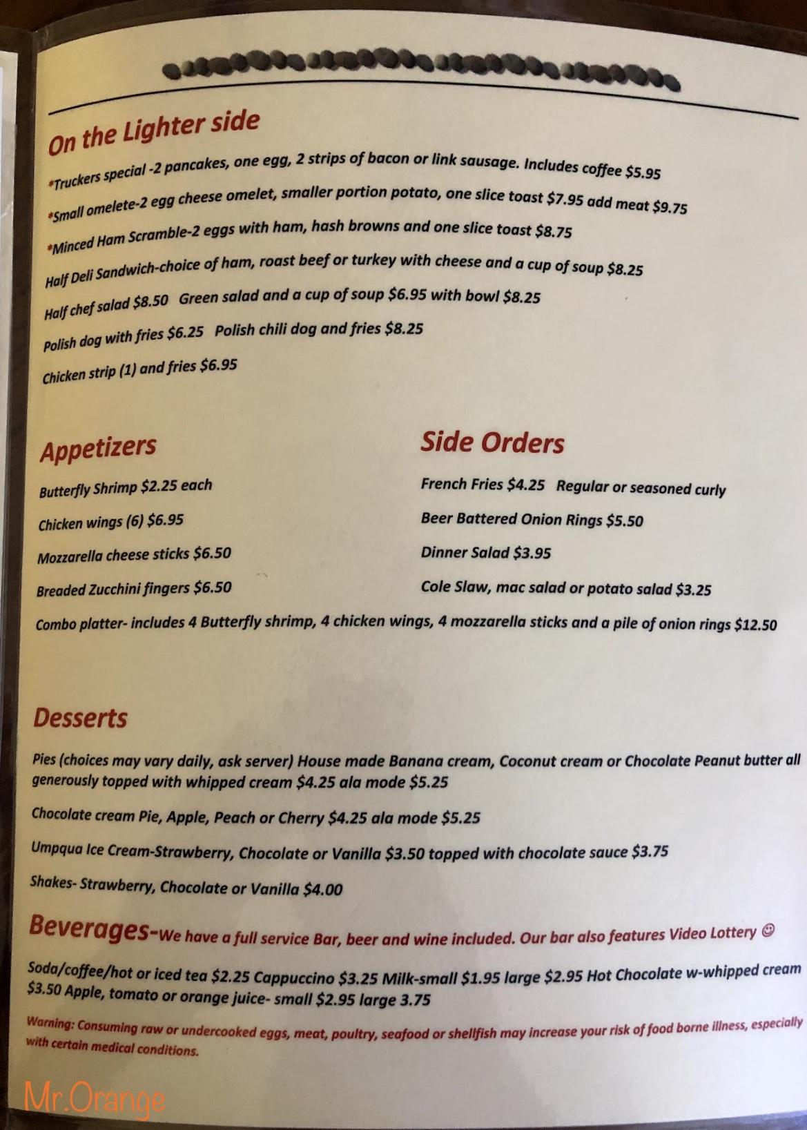 Menu at Cinders Cafe, USA