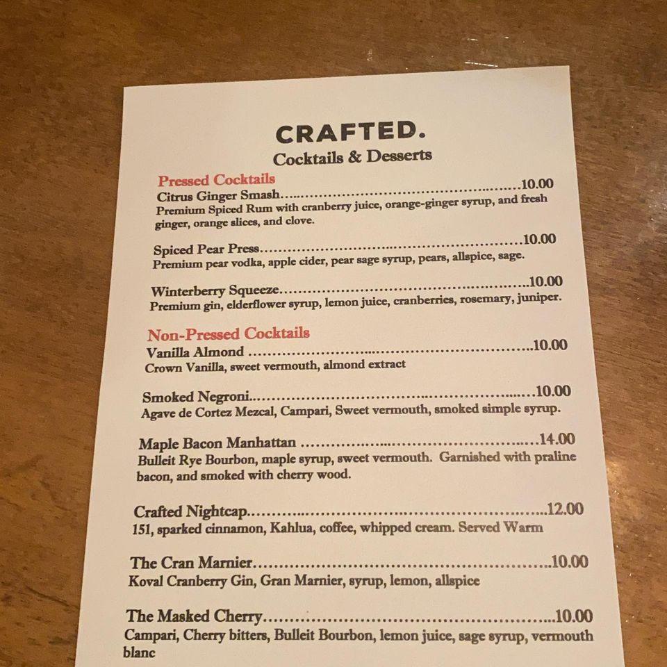 Menu at Crafted. pub & bar, St. Louis