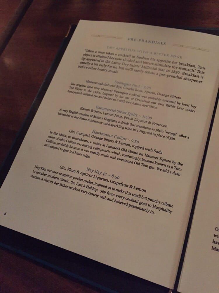 Menu at Hawksmoor Manchester steakhouse, Manchester
