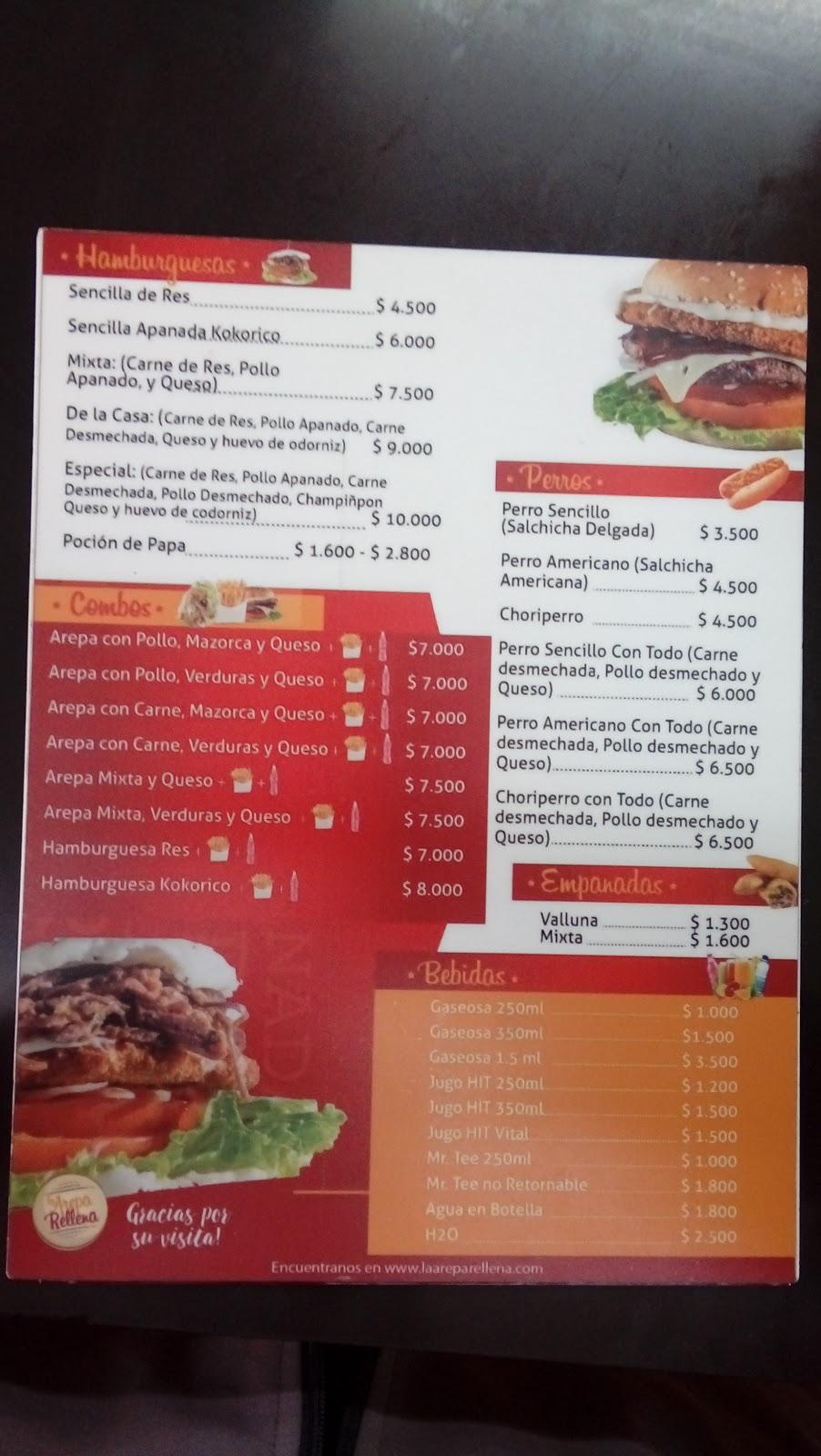 Menu at La Arepa Rellena restaurant, Tunja
