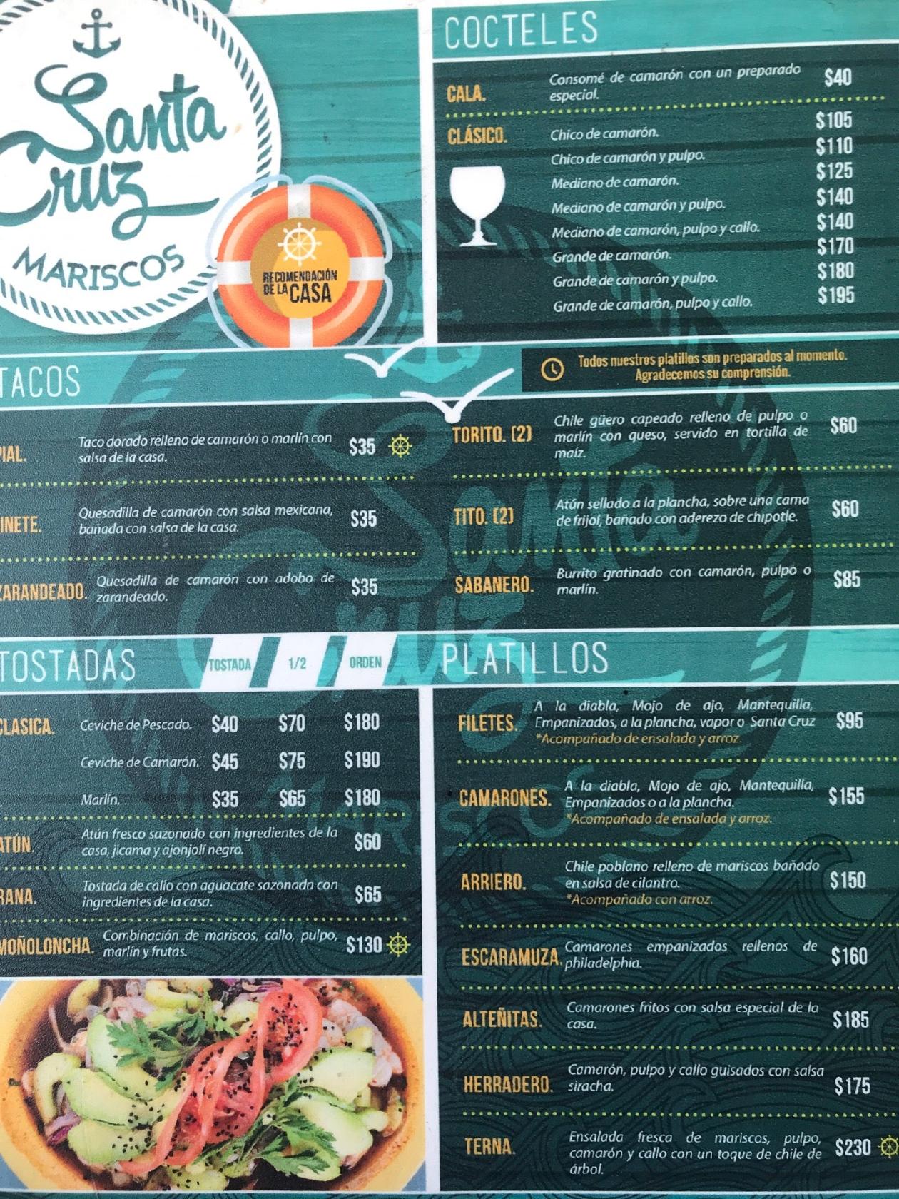 Carta del restaurante Santa Cruz, Guadalajara