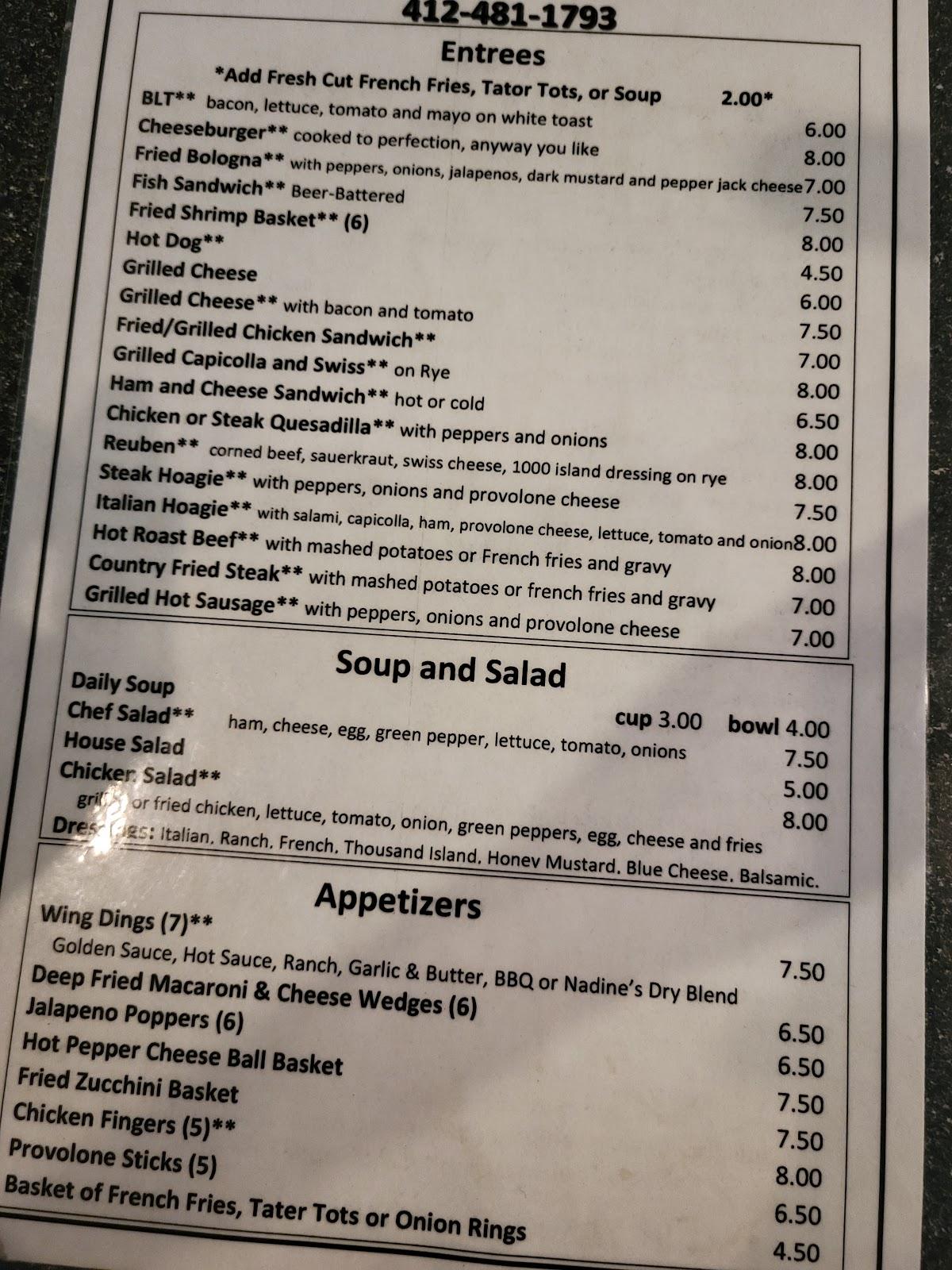 Menu at Nadine's Restaurant, Pittsburgh
