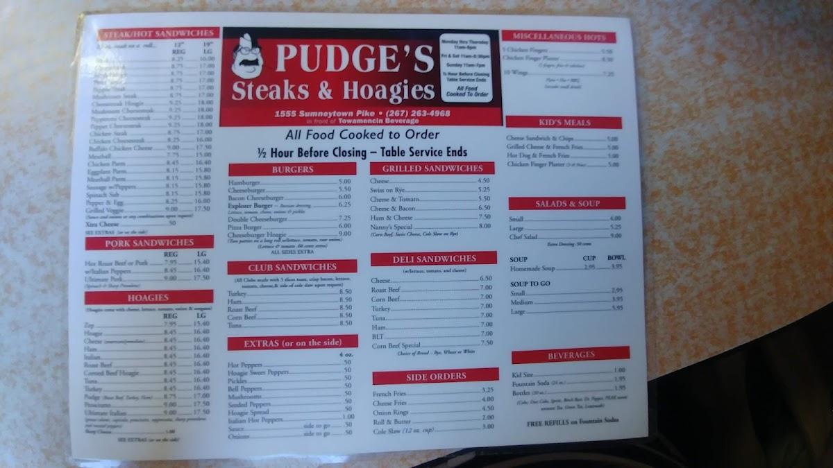 Menu at Pudges restaurant, Lansdale
