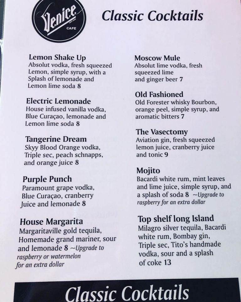 Menu at The Venice Cafe, Kent
