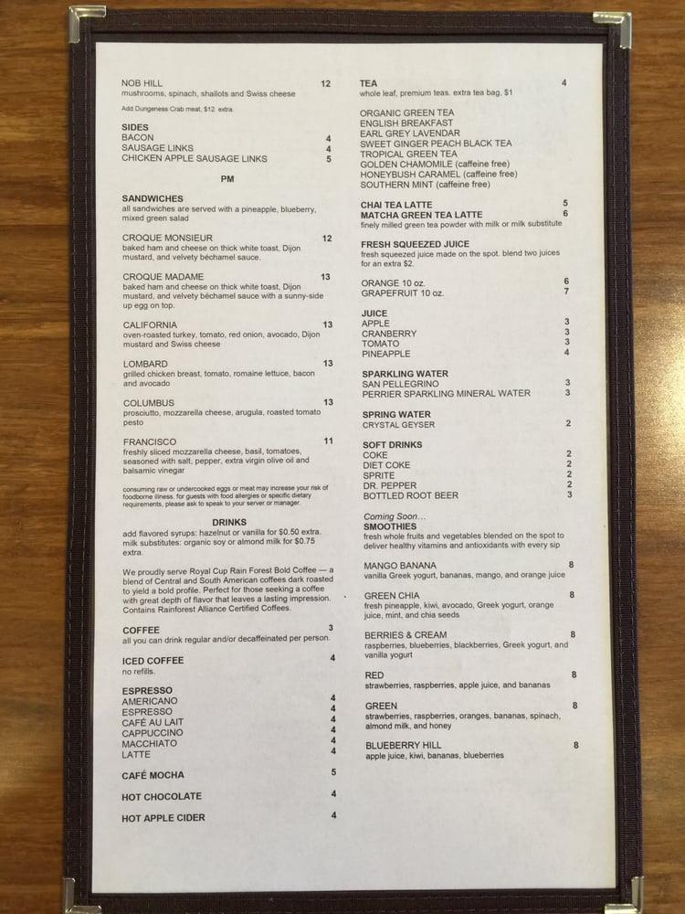 Menu at Eight AM Brunch restaurant, San Francisco