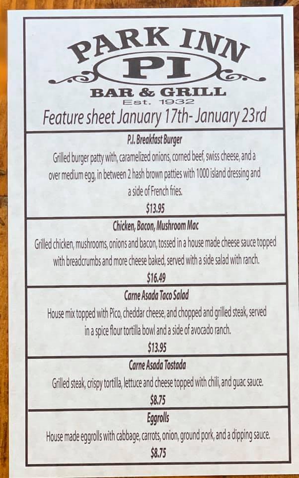 Menu at Park Inn pub & bar, Spokane, 103 W 9th Ave