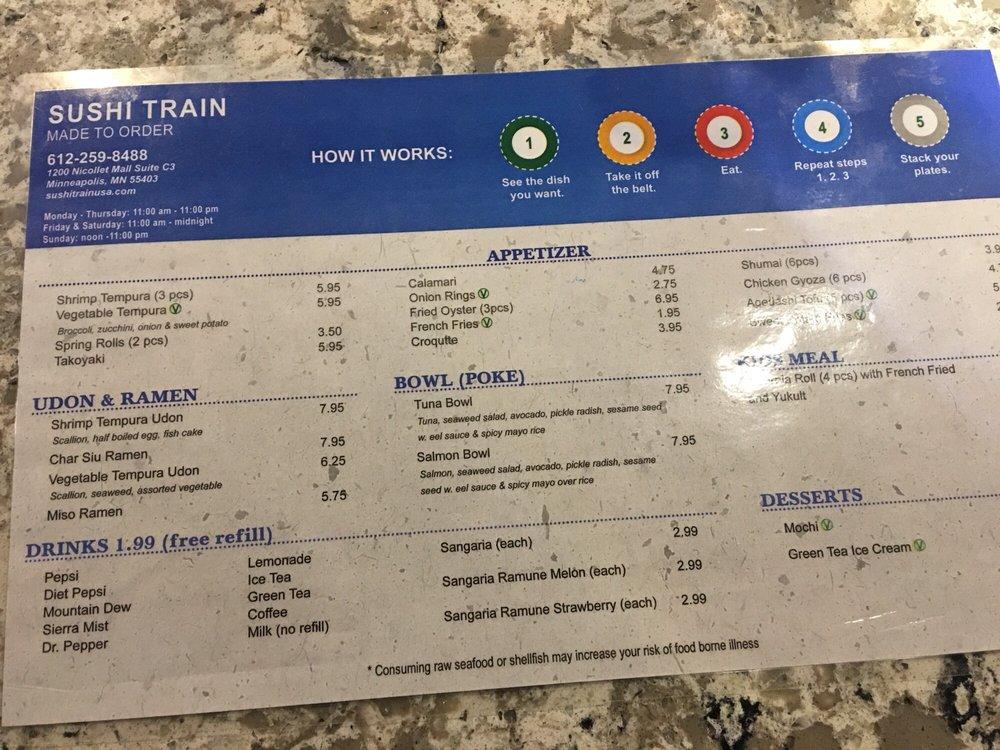 Menu at Sushi Train restaurant, Minneapolis, Nicollet Mall STE C3