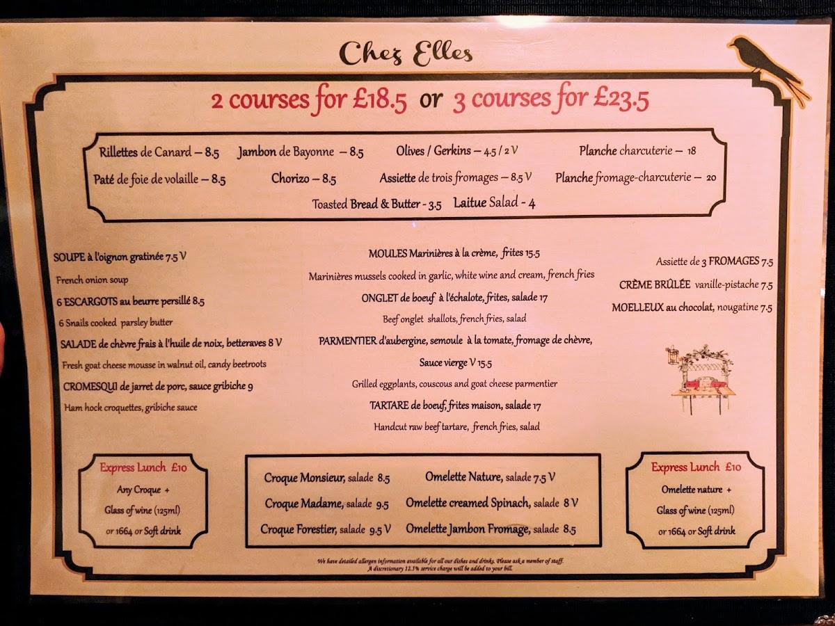 Menu at Chez Elles Bistroquet pub & bar, London, 45 Brick Ln