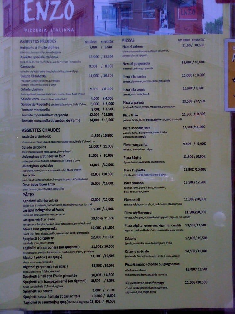 Menu at ENZO pizzeria - restaurant Italien, Paris, 72 Rue Daguerre
