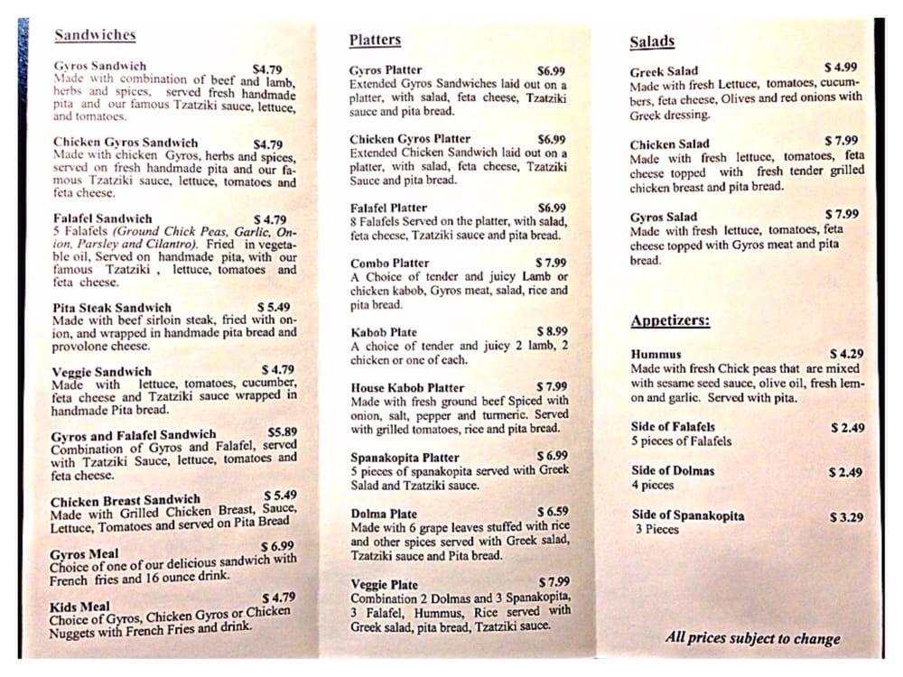 Menu at Greek Cafe, Colorado Springs, Integrity Center Point