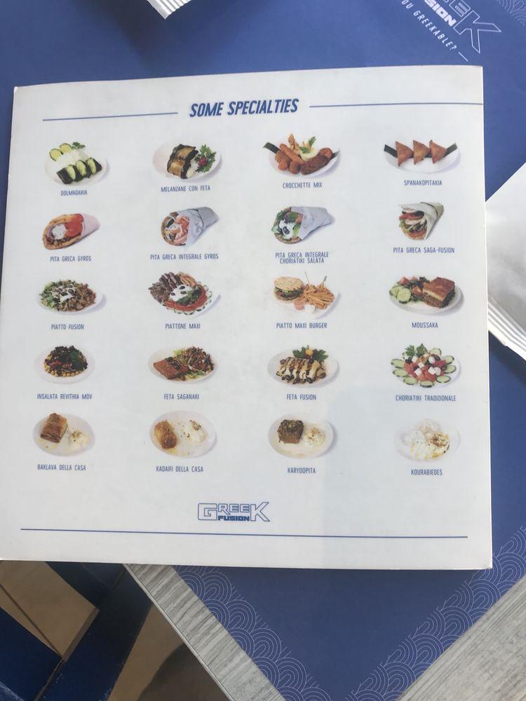 Menu at Greek Fusion restaurant, Milan, Ripa di Porta Ticinese