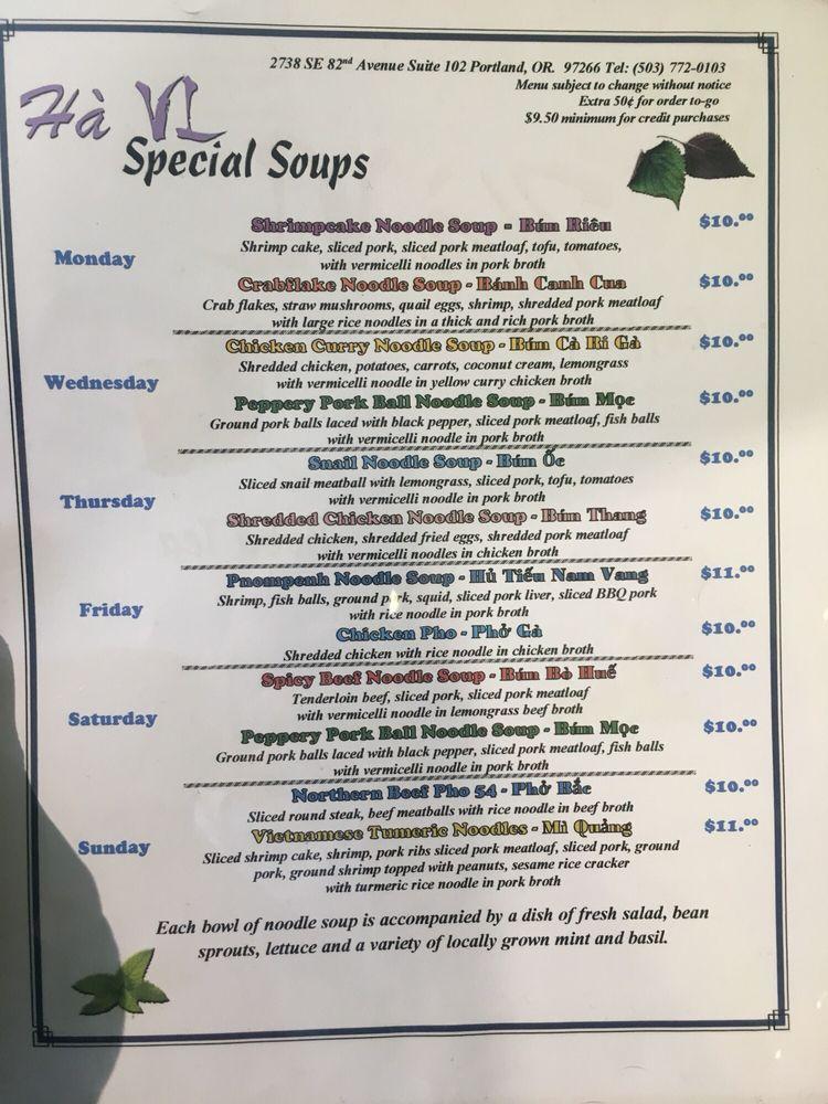 Menu at HA VL Vietnamese Noodle Soup restaurant, Portland