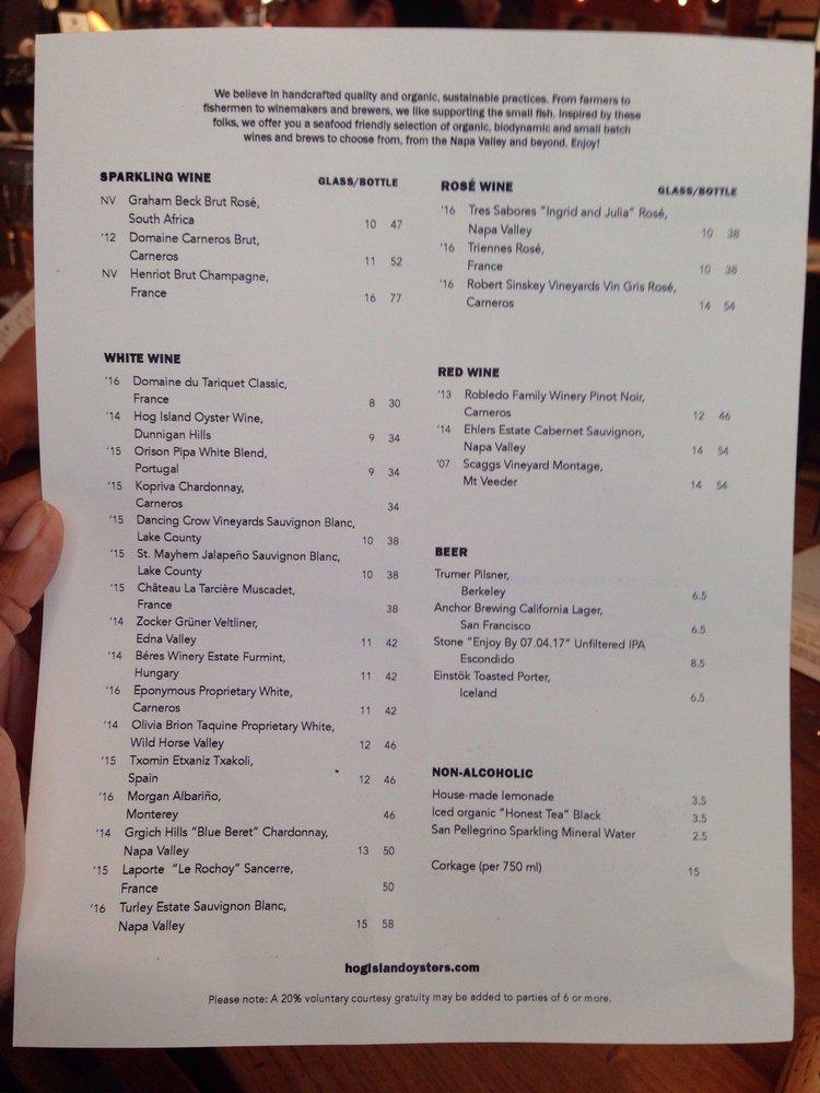Menu at Hog Island Oyster Co restaurant, Napa