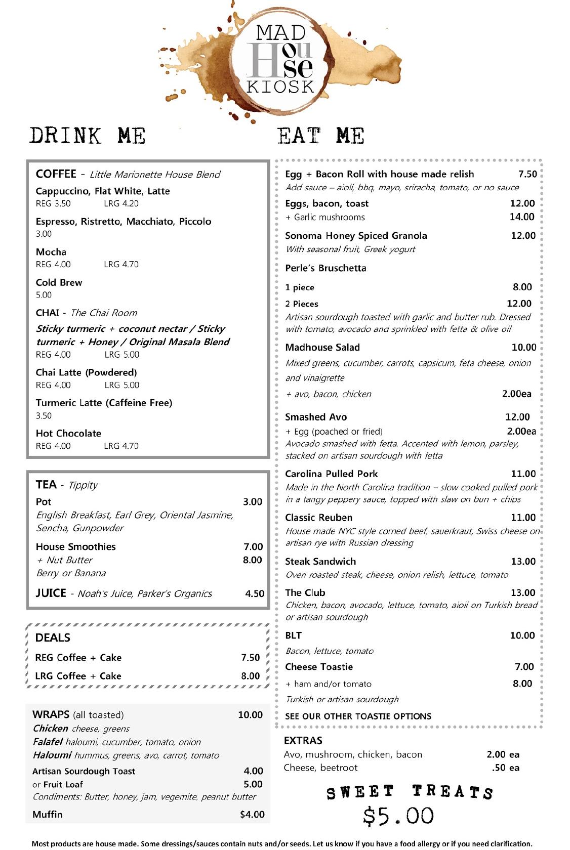 Menu at Madhouse Kiosk cafe, Leichhardt
