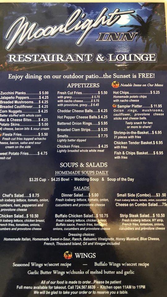 Menu at Moonlight Inn pub & bar, Vandergrift, La Belle Vue Rd
