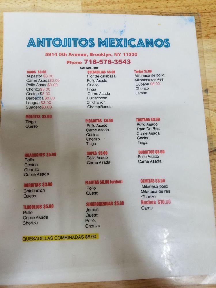 Menu at Antojitos Mexicanos Deli restaurant, New York City, 5th Ave