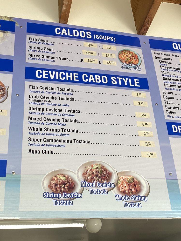 Menu at Cabo Tacos restaurant, Glendora