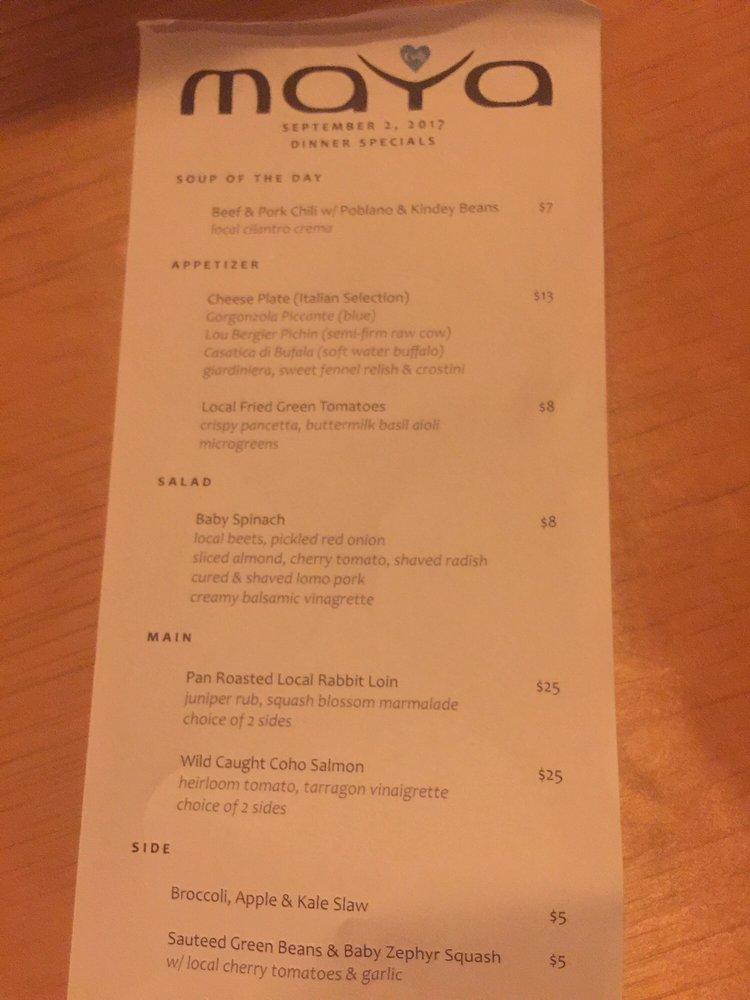 Menu at Maya pub & bar, Charlottesville