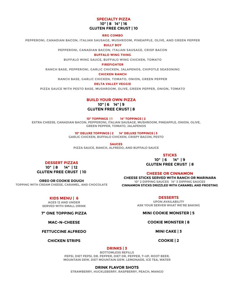 Menu at Red Rabbit Grill pizzeria, Delta
