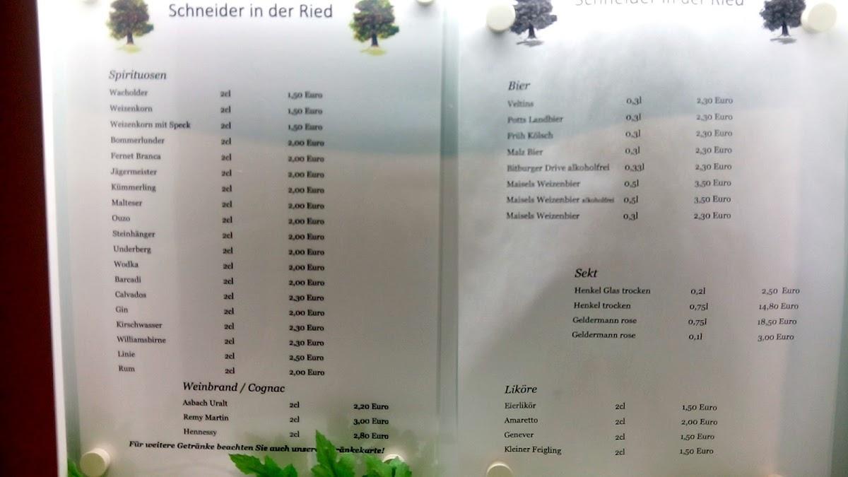 Menu at Schneider in der Ried restaurant, Herten