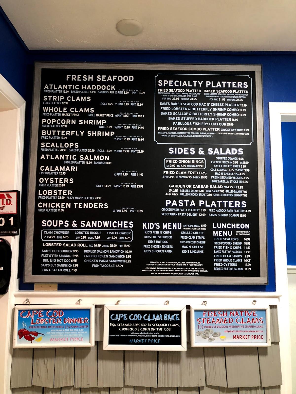 Menu at Seafood Sam's restaurant, Falmouth