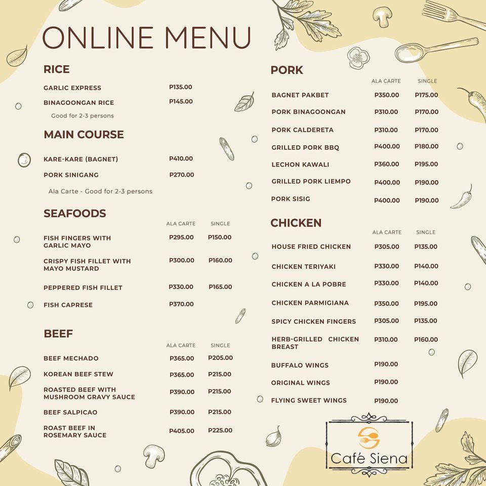 Menu at Café Siena restaurant, Antipolo, H5WJ+X7F